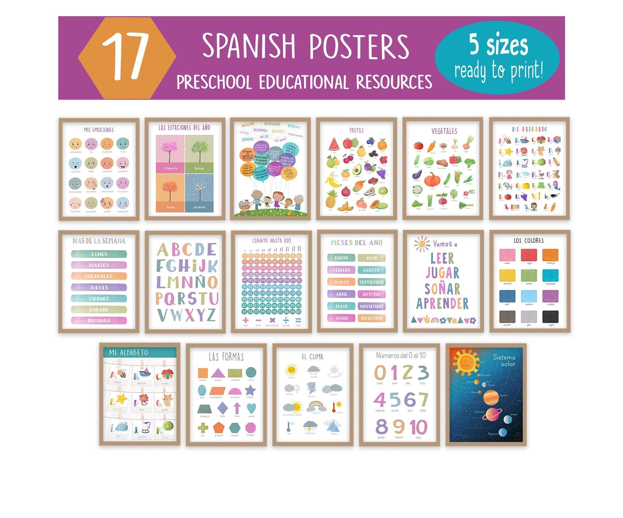 Set 17 Spanish Preschool Posters, Educational Toddler Learning Poster ...