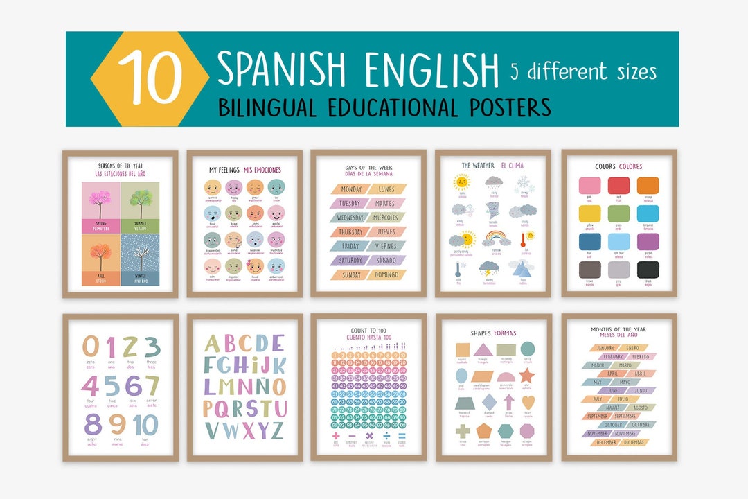 10 Bilingual Spanish English Preschool Posters, Toddler Learning Poster ...