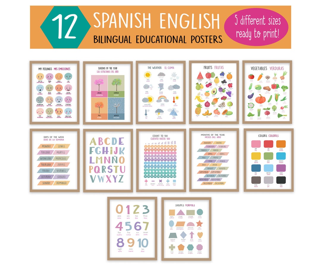 Set 12 Bilingual Spanish English Preschool Posters, Educational Toddler ...