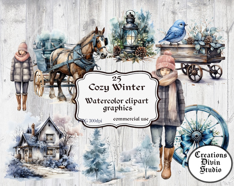 Watercolor PNG, Cozy Winter, Clipart, Graphics, Bundle PNG, Blue ...