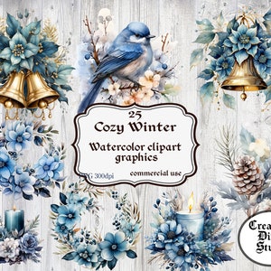 Watercolor PNG, Cozy Winter, Clipart, Graphics, Bundle PNG, Blue ...