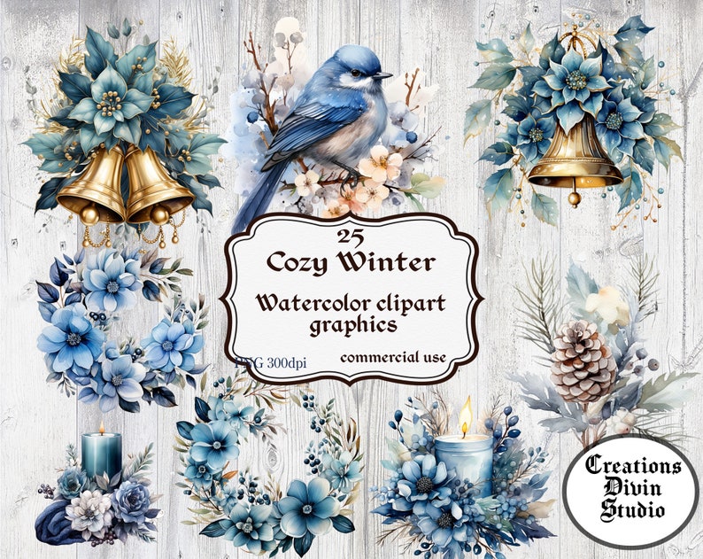 Watercolor PNG, Cozy Winter, Clipart, Graphics, Bundle PNG, Blue ...