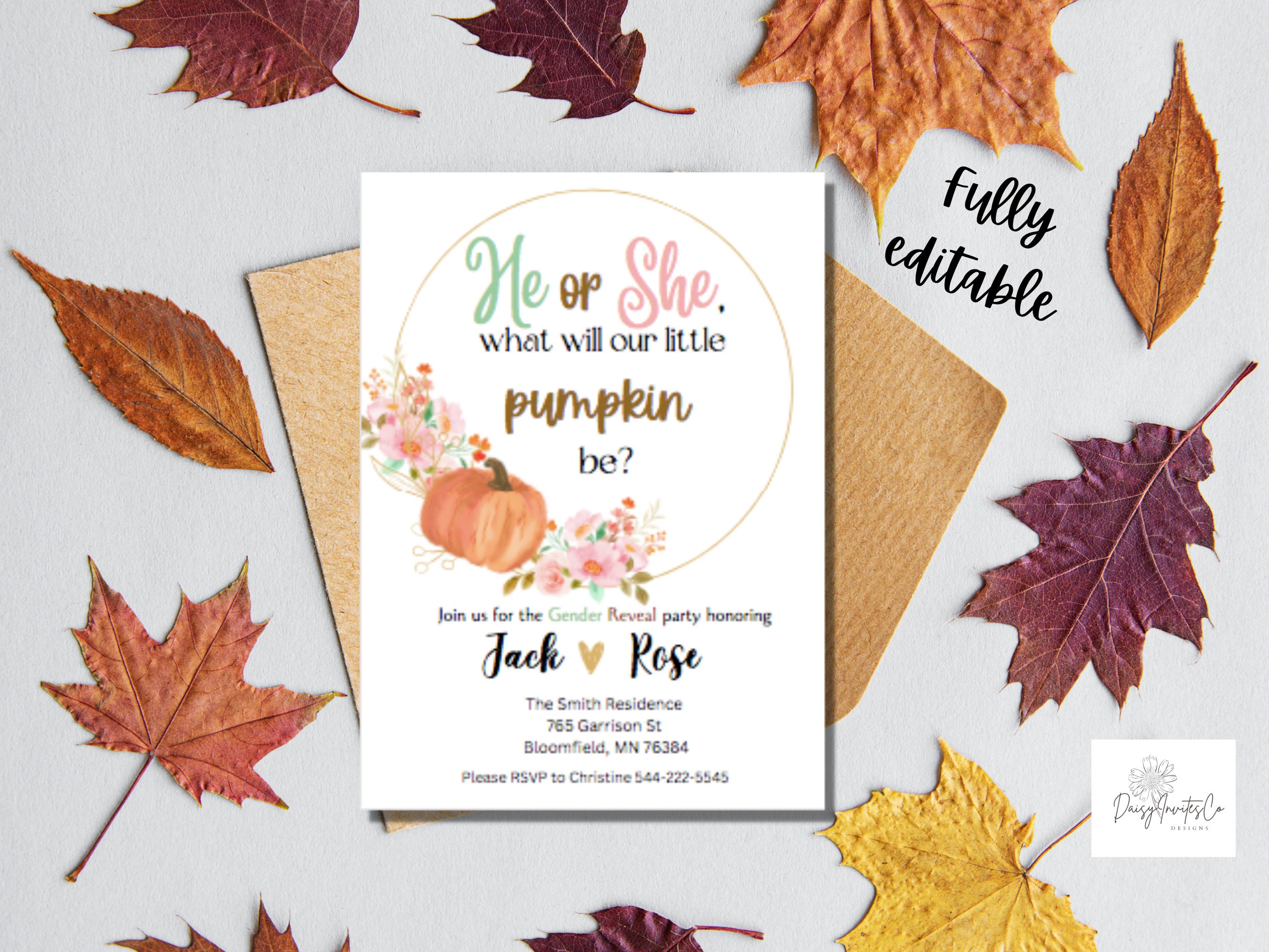 Gender Reveal Fall Themed Digital Invitation, Instant Download, Canva ...