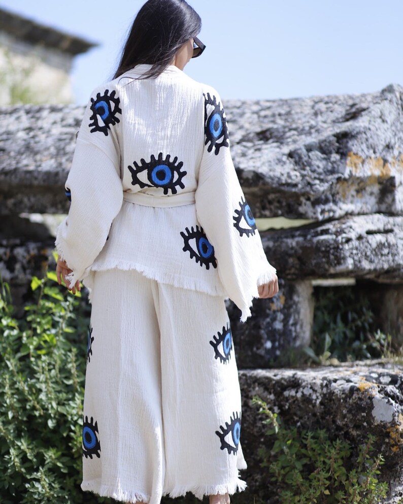 Evil Eye Handmade Kimono Set, Organic Boho Robe, Palazzo Pants, Home ...