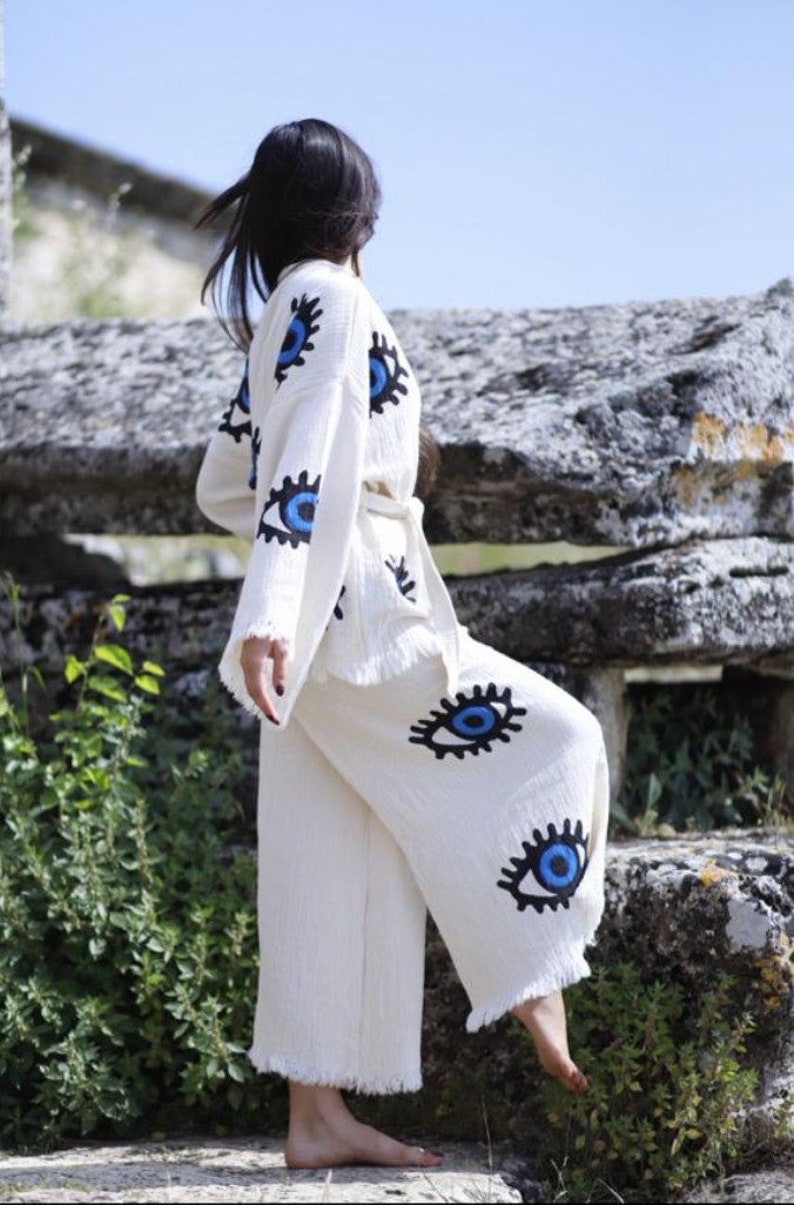 Evil Eye Handmade Kimono Set, Organic Boho Robe, Palazzo Pants, Home ...