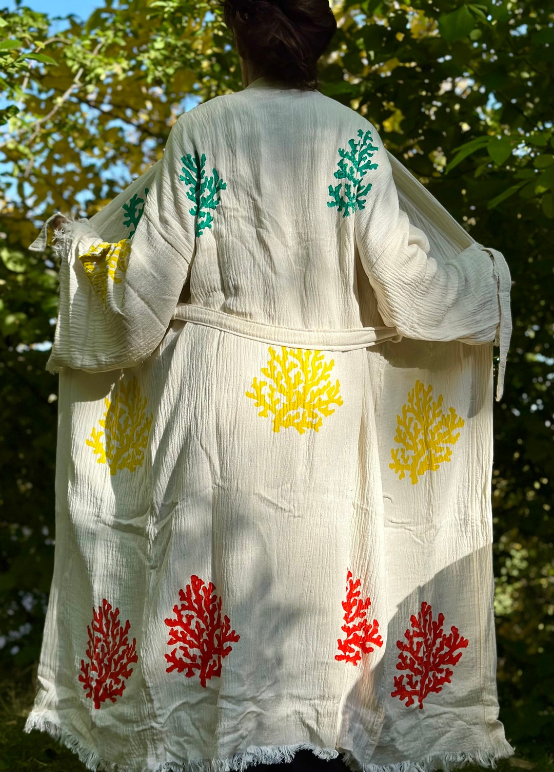 Colorful Kimono Robe Coral Pattern, Cotton Caftan Robe, Bohemian ...