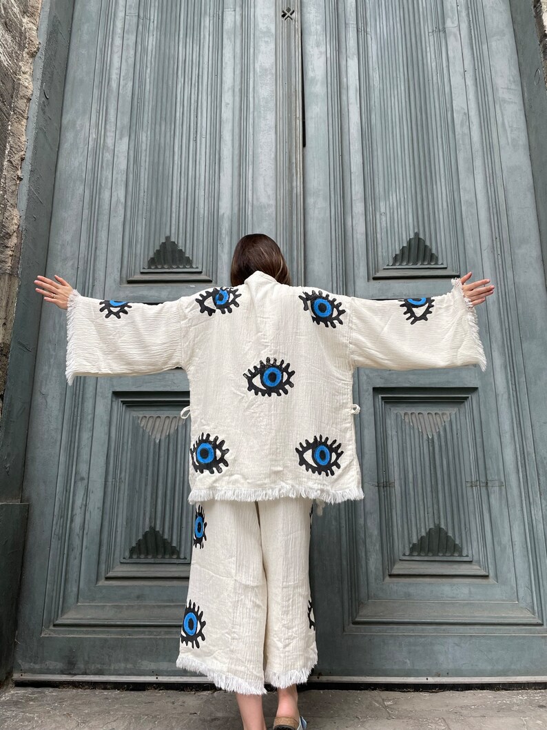 Evil Eye Handmade Kimono Set, Organic Boho Robe, Palazzo Pants, Home ...