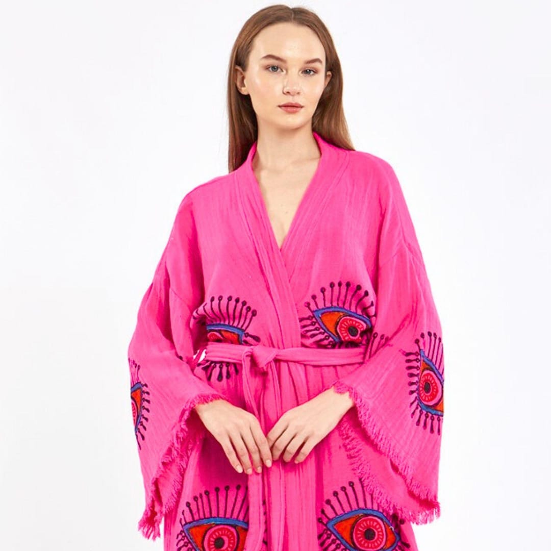 Pink Evil Eye Kimono Robes, Boho Festival Robe, Resort Wear Kimono ...