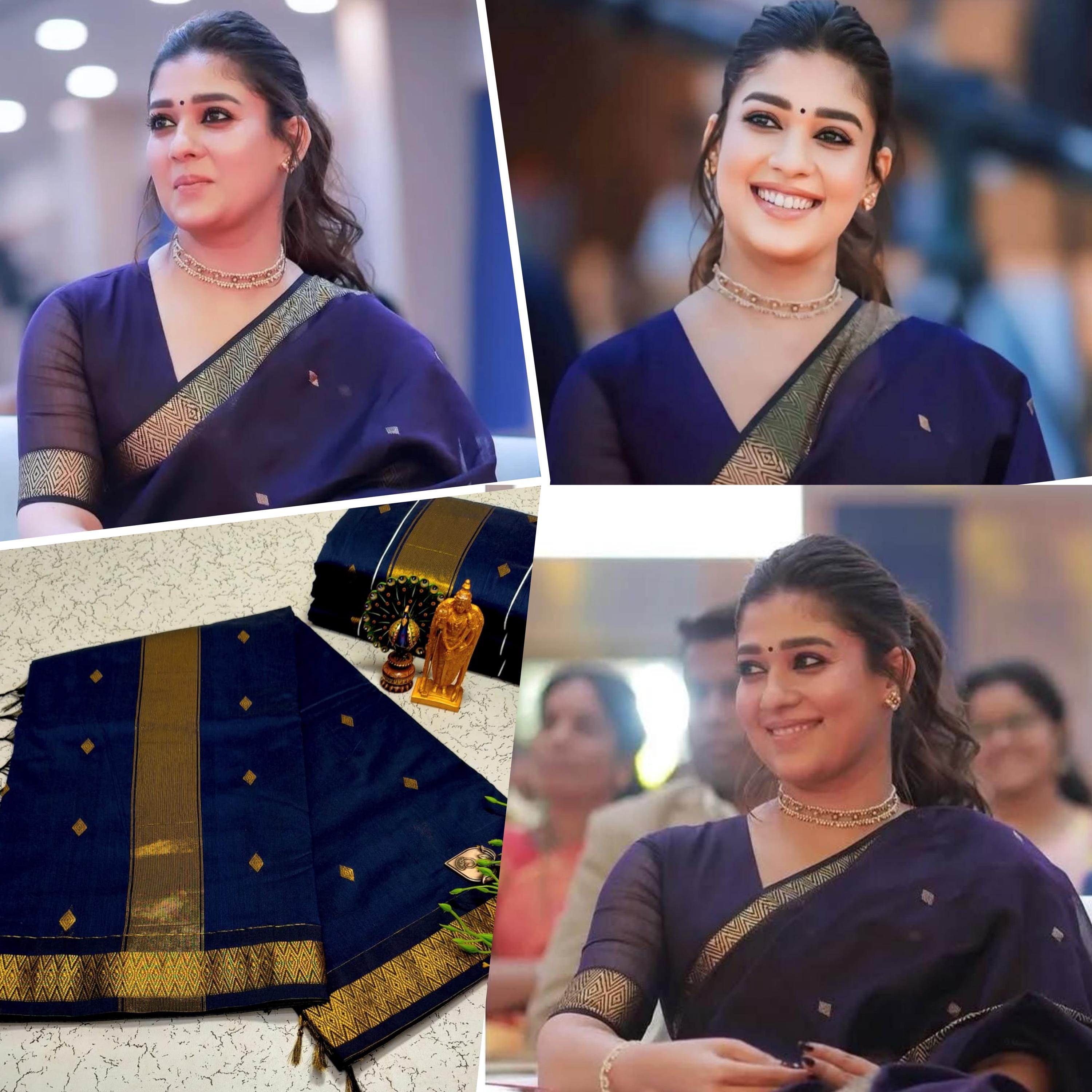 NAYANTHARA Inspired Saree Navy Blue Saree Cotton Silk Saree Banarasi ...