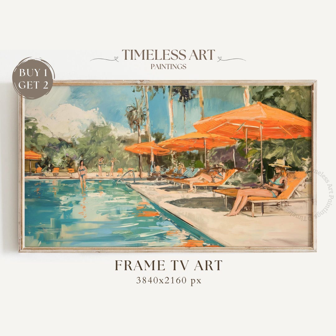 Mid Century Pool Party Summer Frame TV Art, Retro Poolside Orange ...