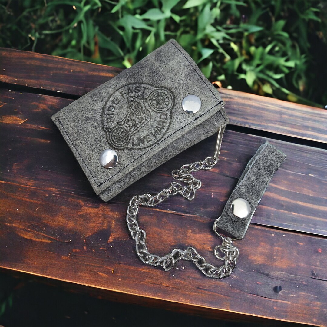 Men's Women's Biker Cyclist Trifold Chain Wallet Genuine Leather Gary ...