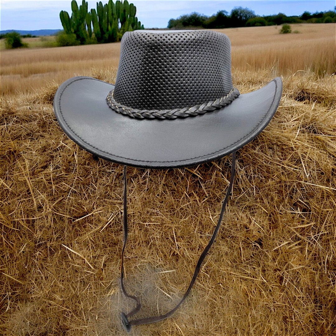 Men's Mesh Cowboy Hat Real Leather - Australian Western Style Women's ...
