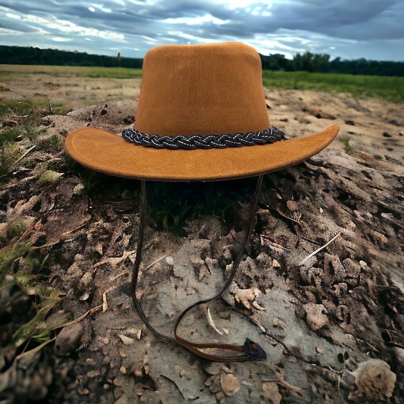 Australian Western Style Real Leather Cowboy Bush Hat Braided Band Chin ...