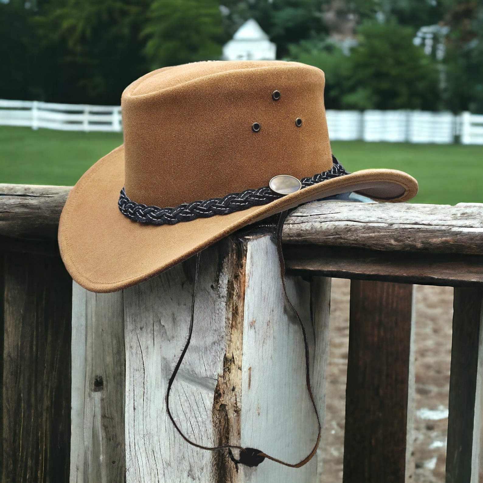 Australian Western Style Real Leather Cowboy Bush Hat Braided Band Chin ...