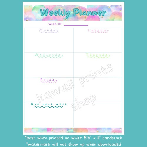 Visual WEEKLY PLANNER for School Work, Students Homework Organization ...