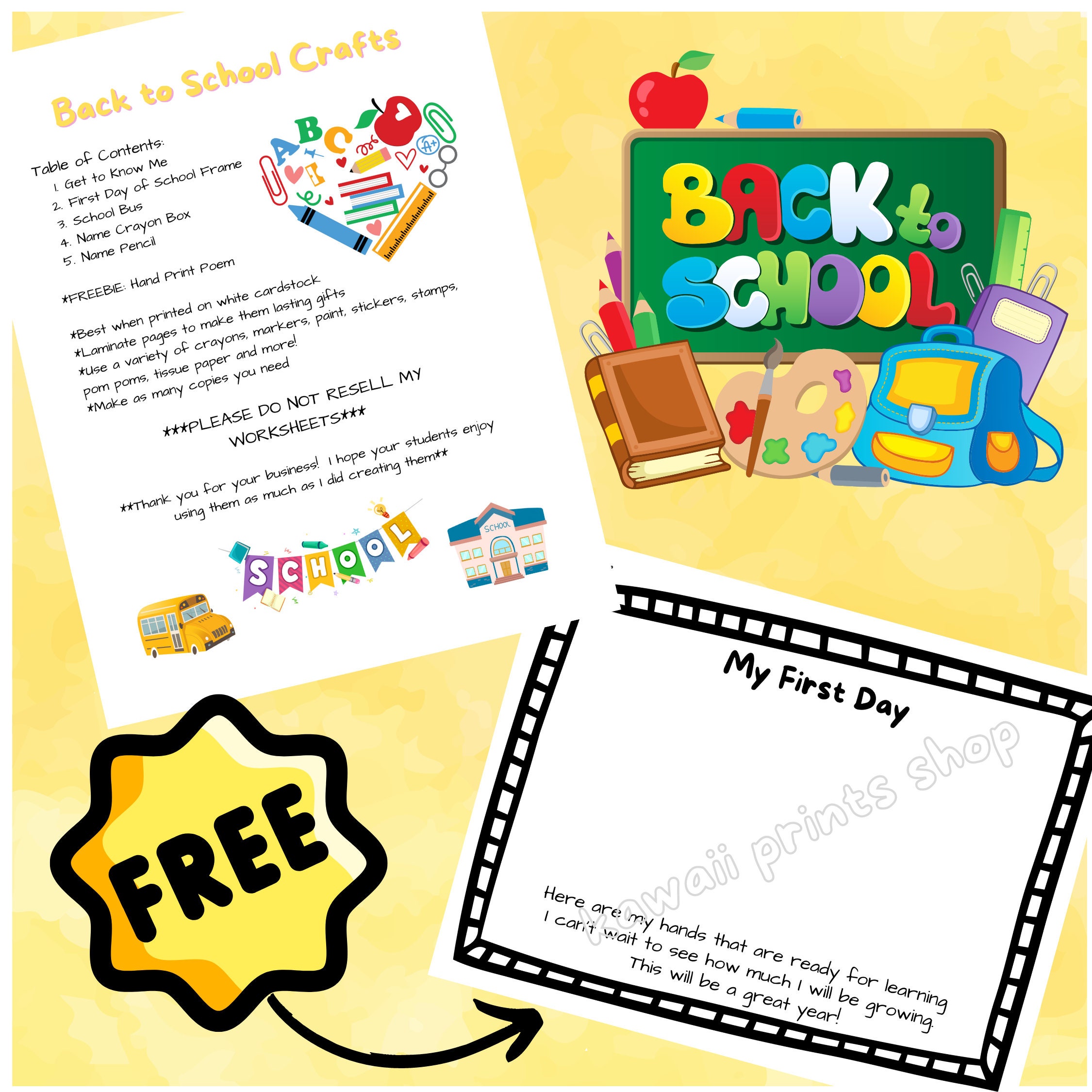 BACK to SCHOOOL Crafts for Kids, First Day of School, Preschool Prints ...