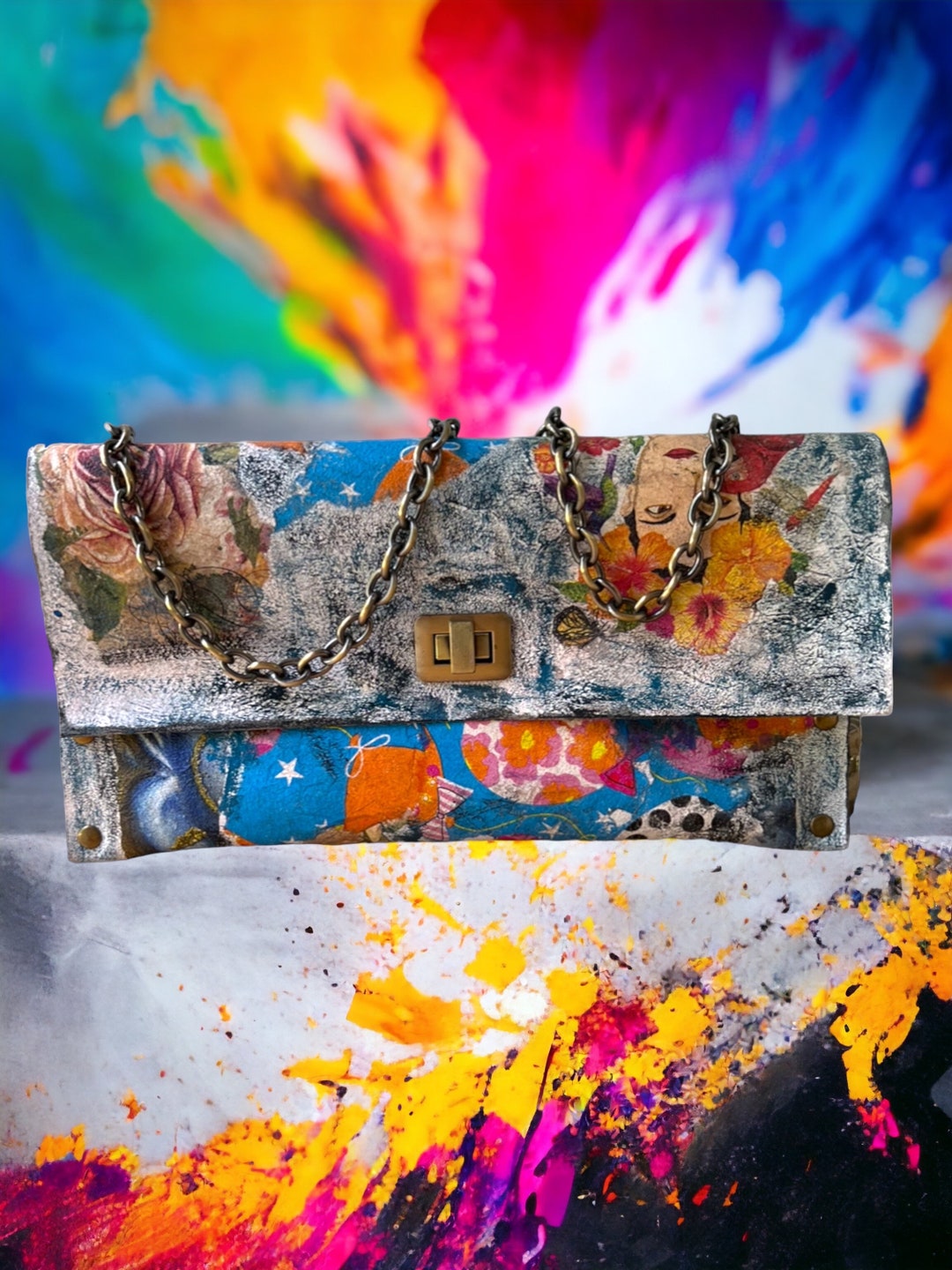 Hand Painted Leather Bag, Decoupage Art, Hand Painted Clutch Bag, One ...