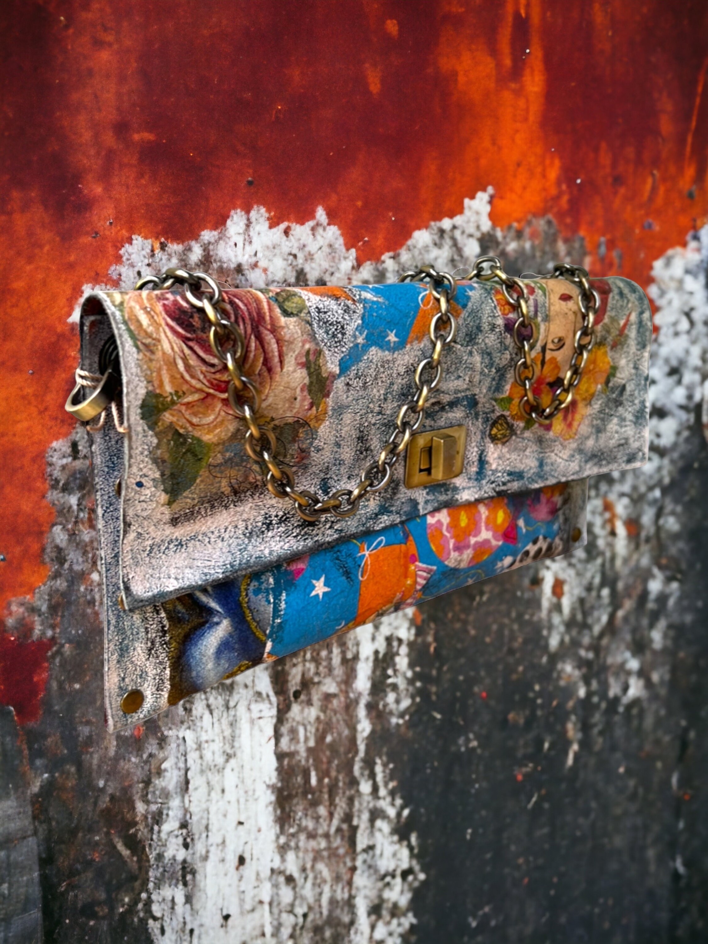 Hand Painted Leather Bag, Decoupage Art, Hand Painted Clutch Bag, One ...