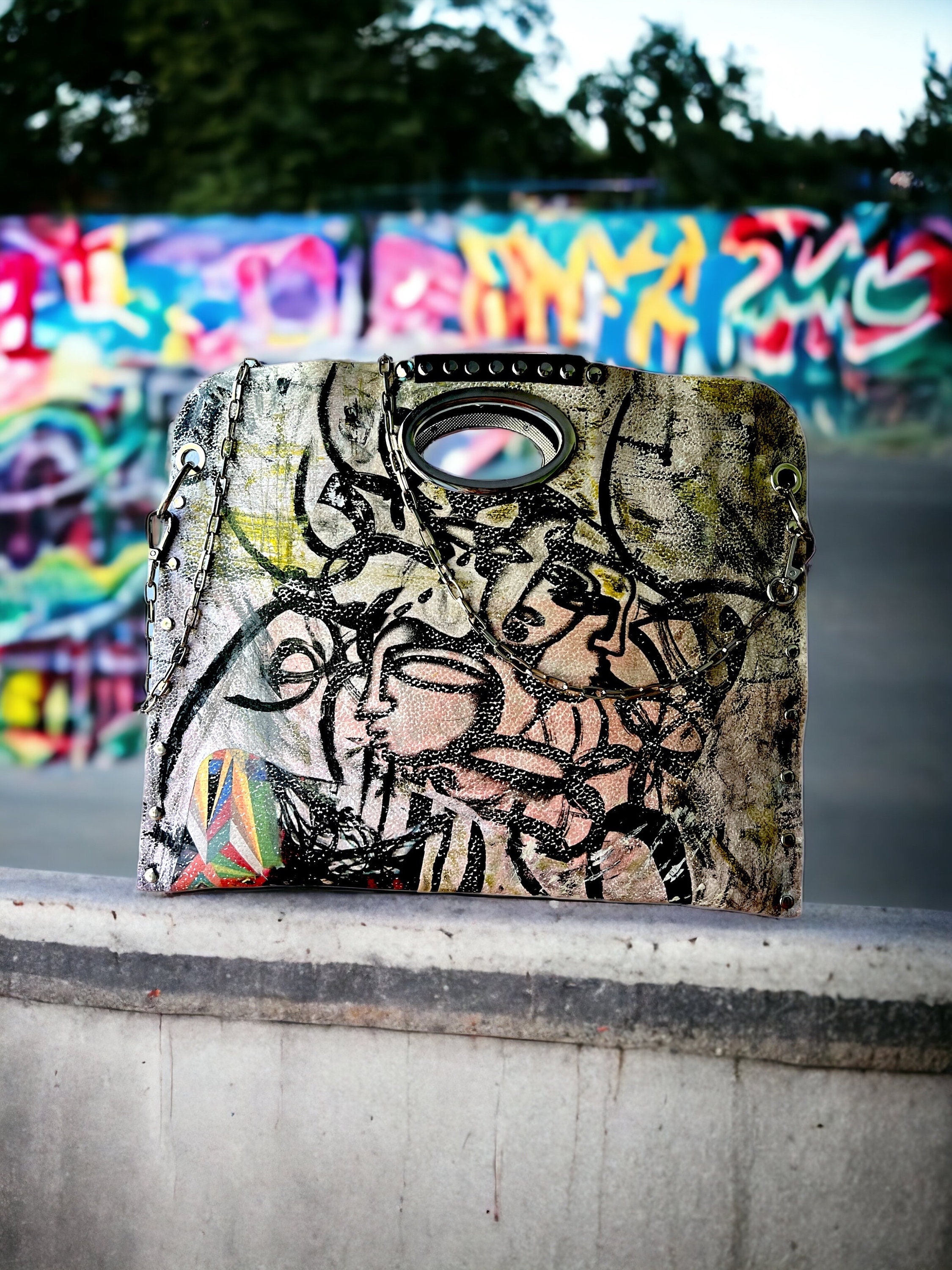 Colorful Abstract Pattern, Leather Large Handle Bag, Artistic Design ...