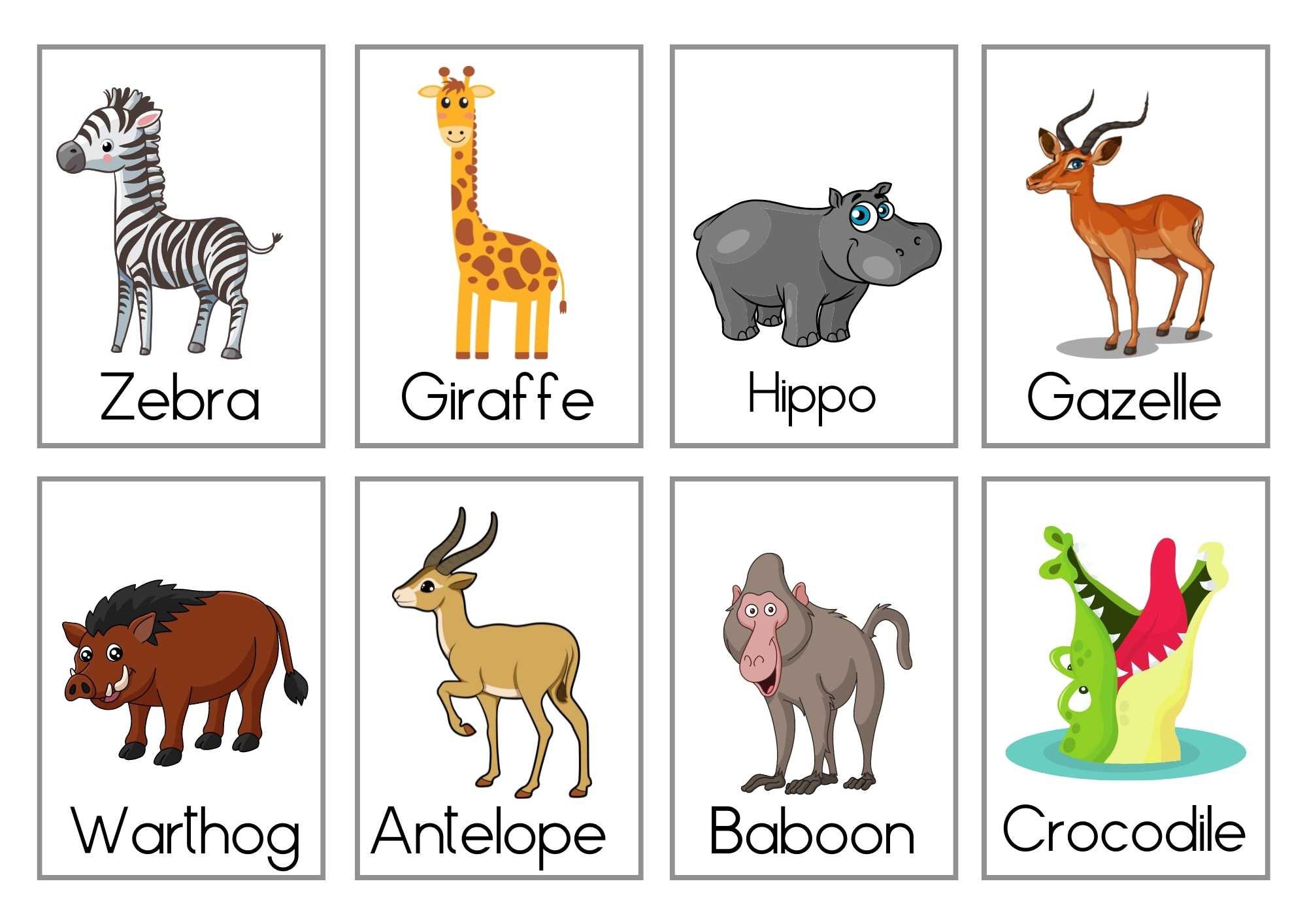 16 Printable Safari Animals Flashcard Cute Jungle Wild African Game ...