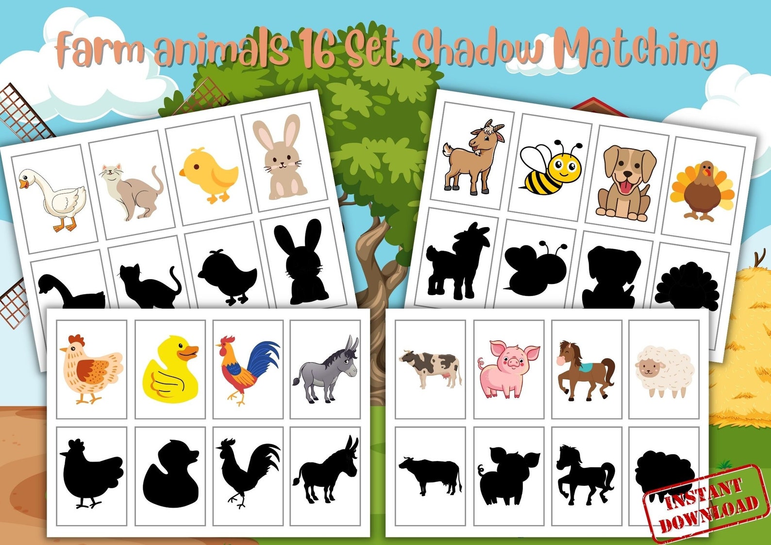 Montessori Farm Animals Shadow Matching Cards Printables Flashcards for ...
