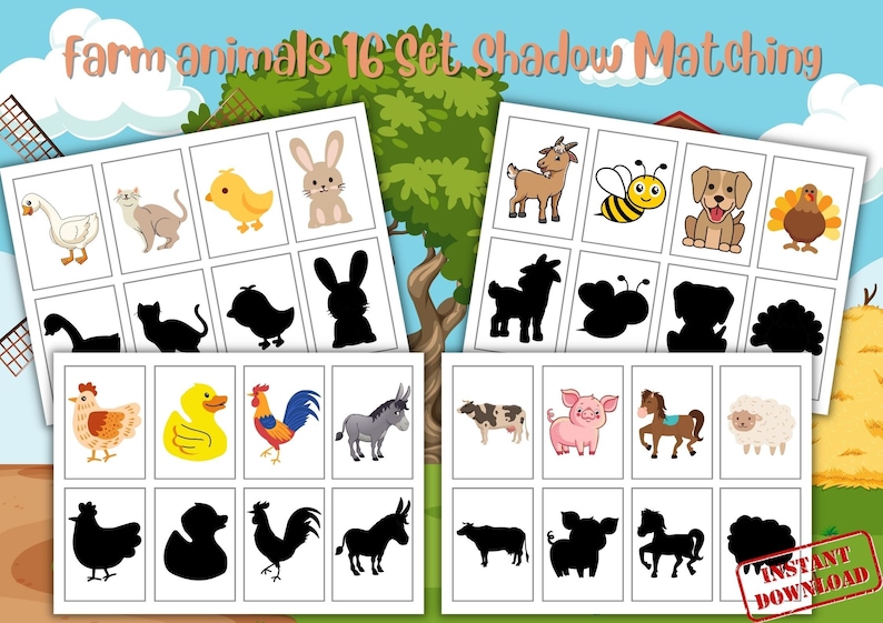 Montessori Farm Animals Shadow Matching Cards Printables Flashcards for ...
