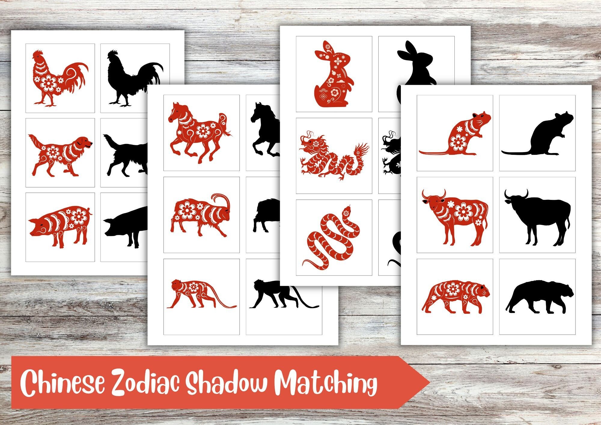 Chinese Zodiac Animals Shadow Matching Cards Printable Montessori ...