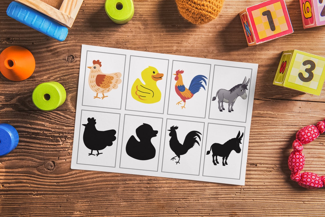 Montessori Farm Animals Shadow Matching Cards Printables Flashcards for ...