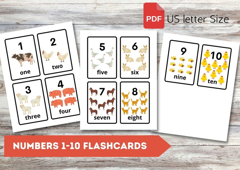 Farm Animals Number Flashcards 1-10 Counting Montessori Printable Cards ...