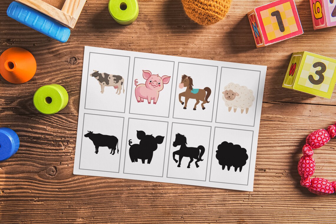 Montessori Farm Animals Shadow Matching Cards Printables Flashcards for ...