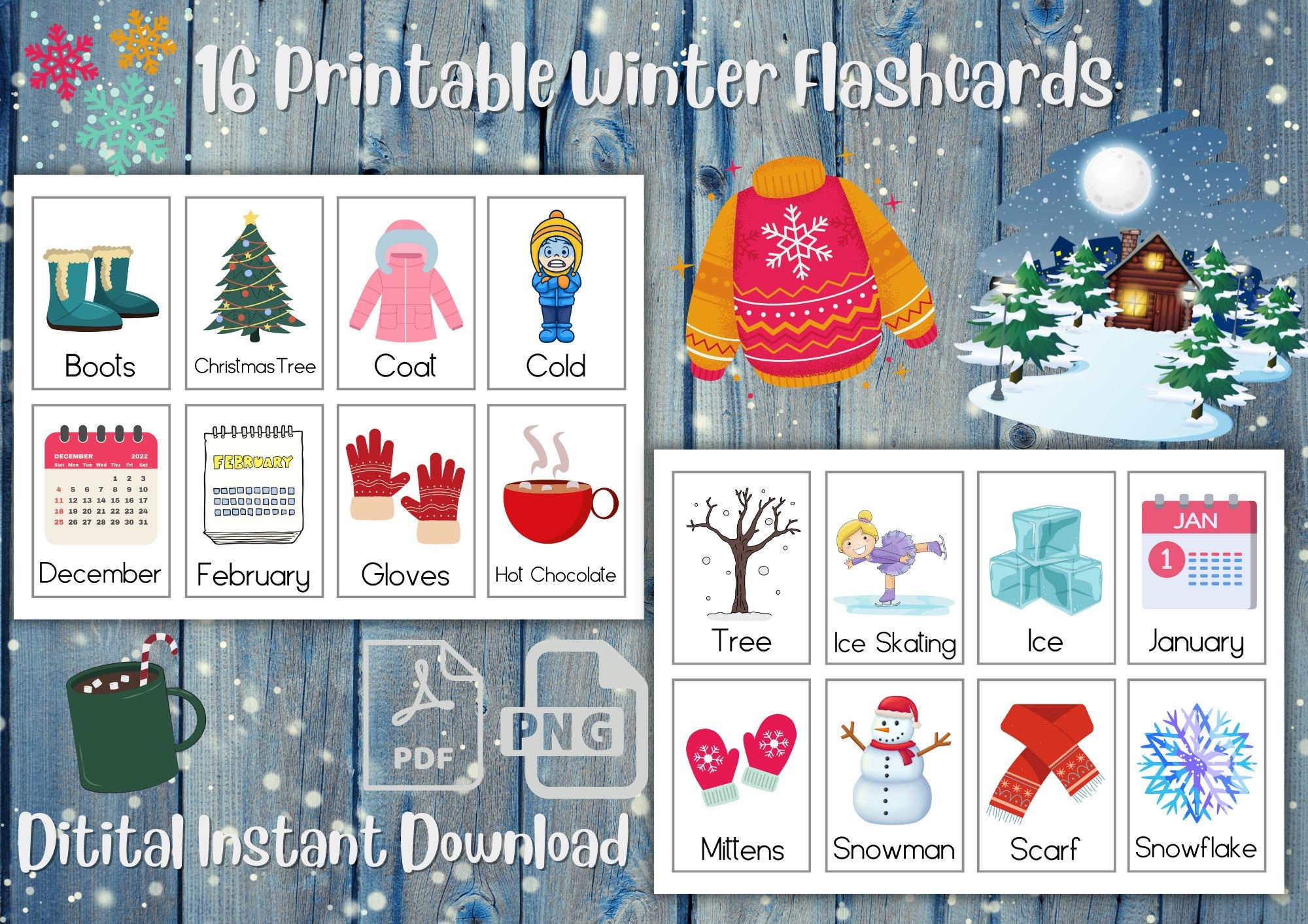 16 Printable Winter Flashcards Kids Montessori Cards Toys Preschool ...