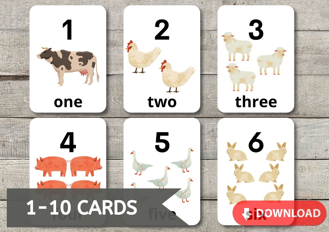 Farm Animals Number Flashcards 1-10 Counting Montessori Printable Cards ...