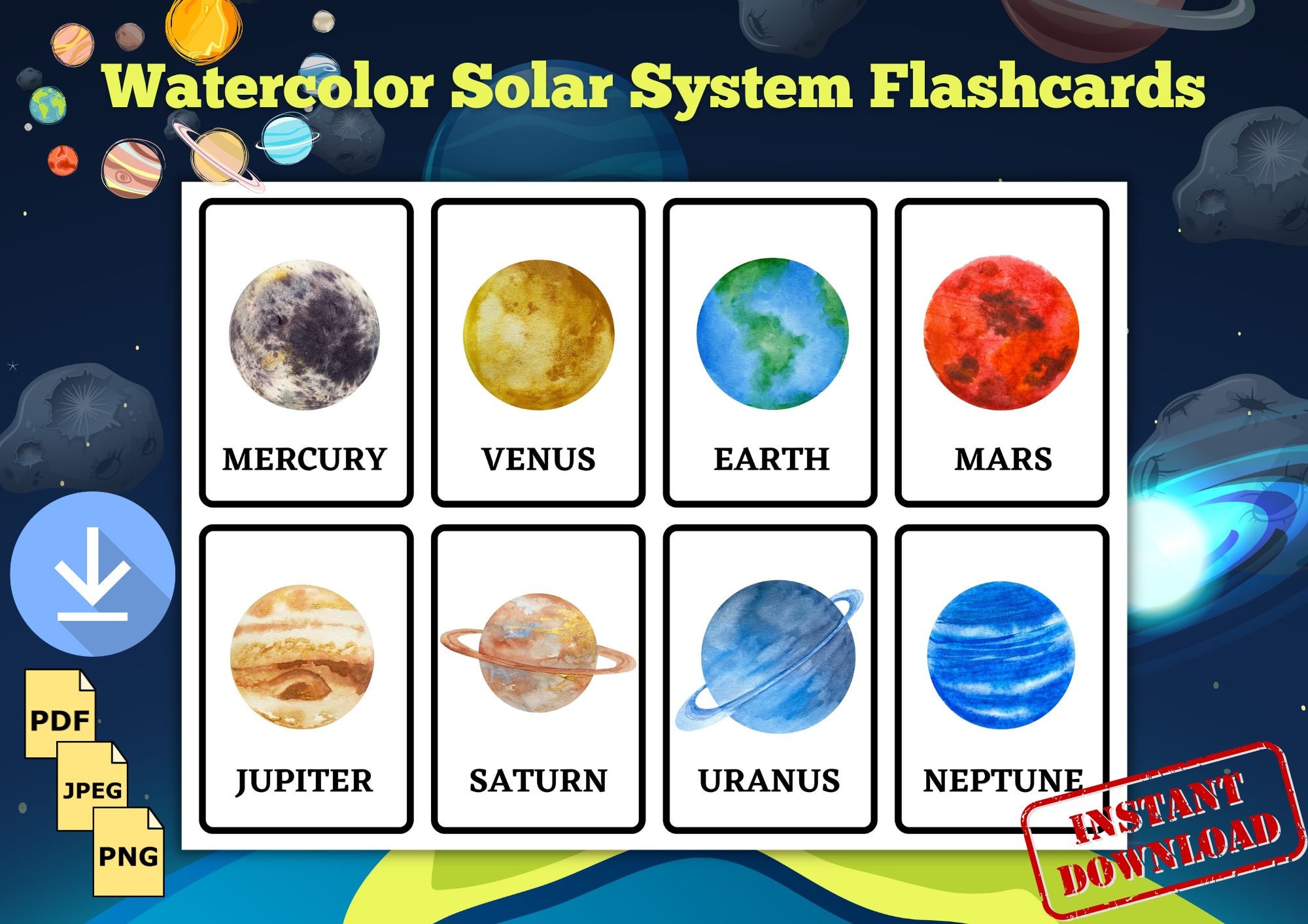 Watercolor Solar System Printable Planets Flashcards Montessori ...