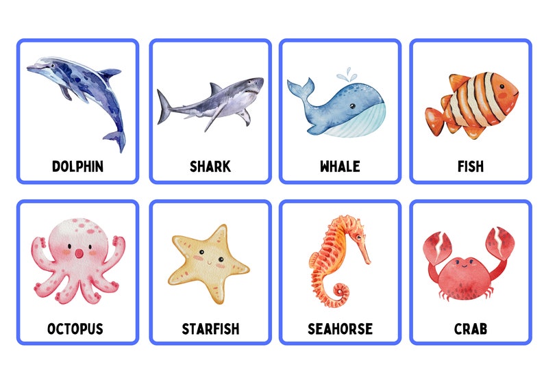 Watercolor Sea Animal Flashcards Printable Ocean Animals Montessori ...