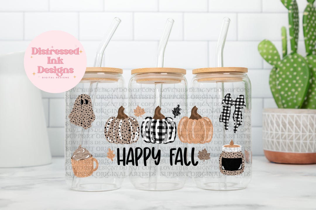 Happy Fall Plaid Ghosts 16oz Glass Can Wrap Sublimation Design (digital ...