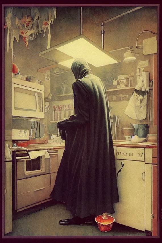 Grim Reaper in Kitchen Norman Rockwell Style Poster - Etsy