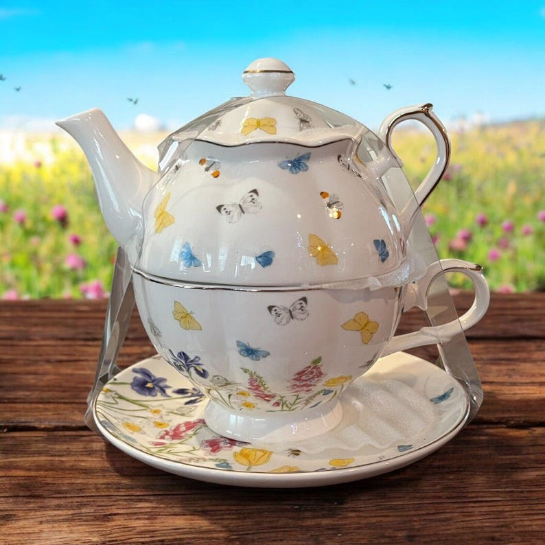 GRACE TEAWARE Floral Butterfly Spring Porcelain 4 Piece Tea for One ...