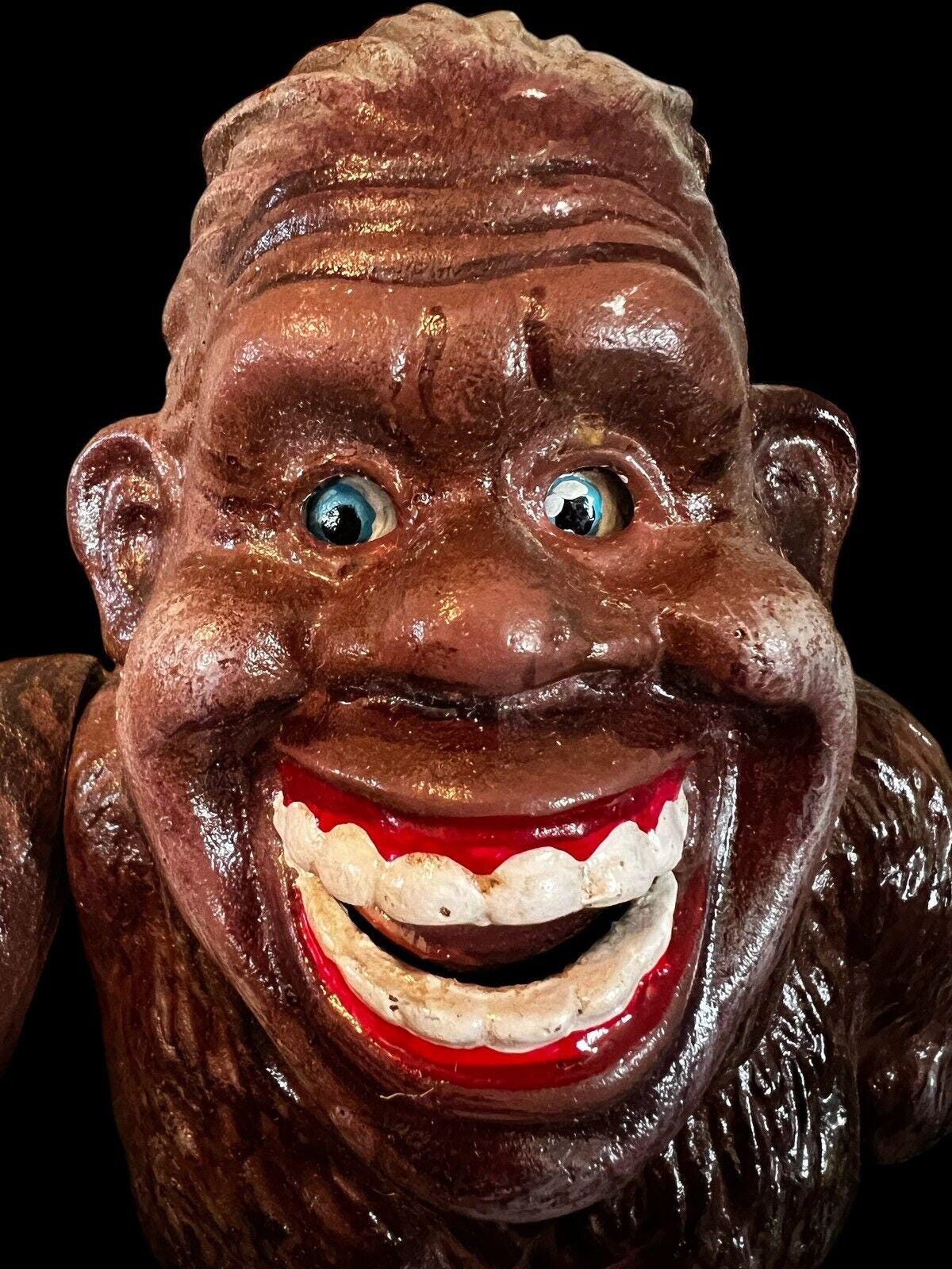 Vintage Happy Sasquatch Cast Iron Mechanical Bank Brown Bigfoot Heavy ...