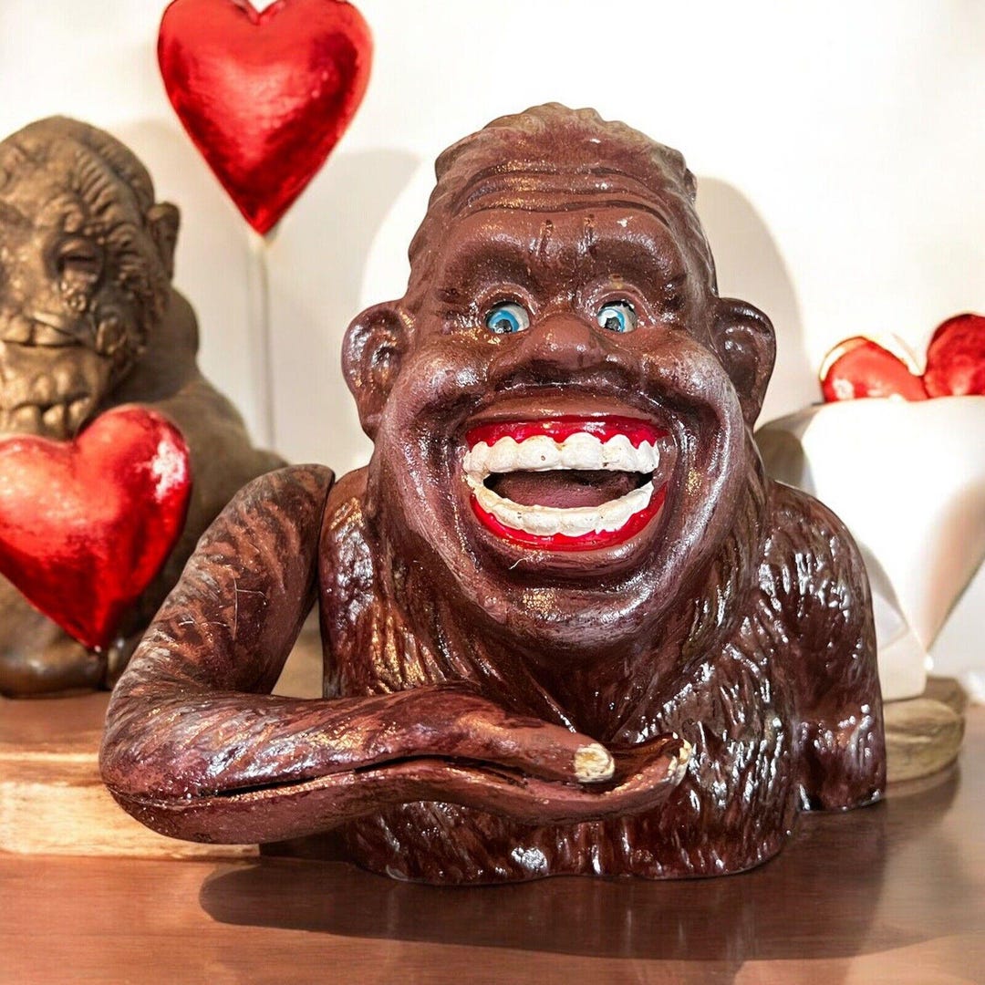 Vintage Happy Sasquatch Cast Iron Mechanical Bank Brown Bigfoot Heavy ...