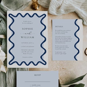 Wave Wedding Invitation Template Set, Minimalist Wedding Invitation Template Download, Editable ...