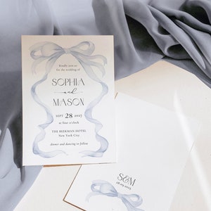 Blue Bow Wedding Invitation, Curvy Invitation, Editable Template, Blue ...