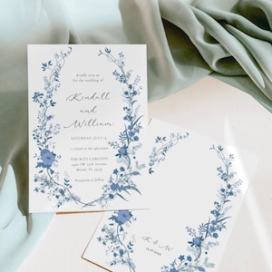 Blue Floral Wedding Invitation Template, Delft Blue Wildflowers Wedding ...