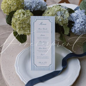 Blue Striped Wedding Menu Template, Editable Canva Reception Dinner ...