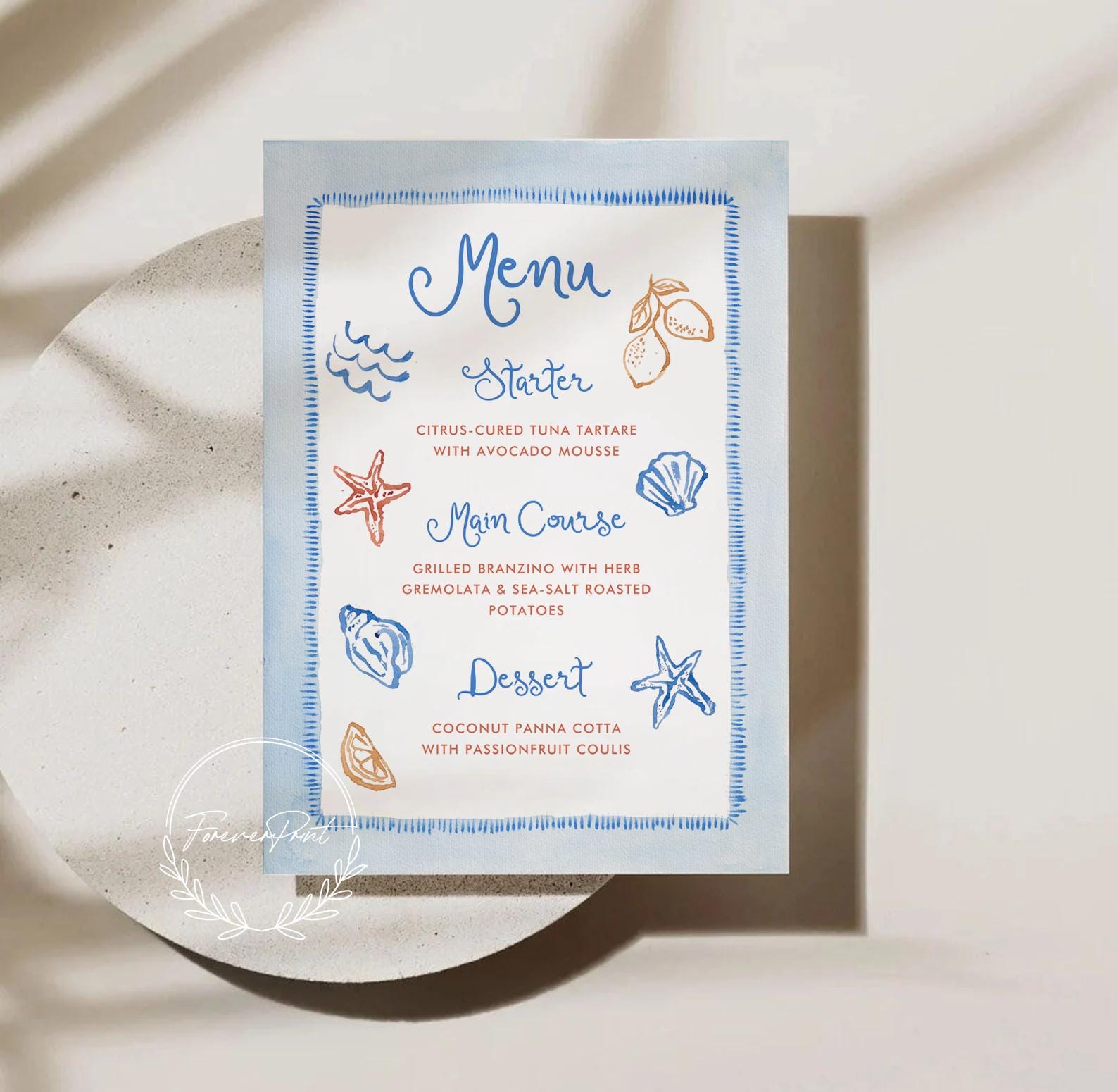 Blue Coastal Watercolor Menu Template, Editable Beach Wedding Menu ...