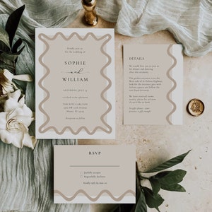 WEDDING INVITATION | Beige Retro Scallop Wavy Edge Invitation Template ...