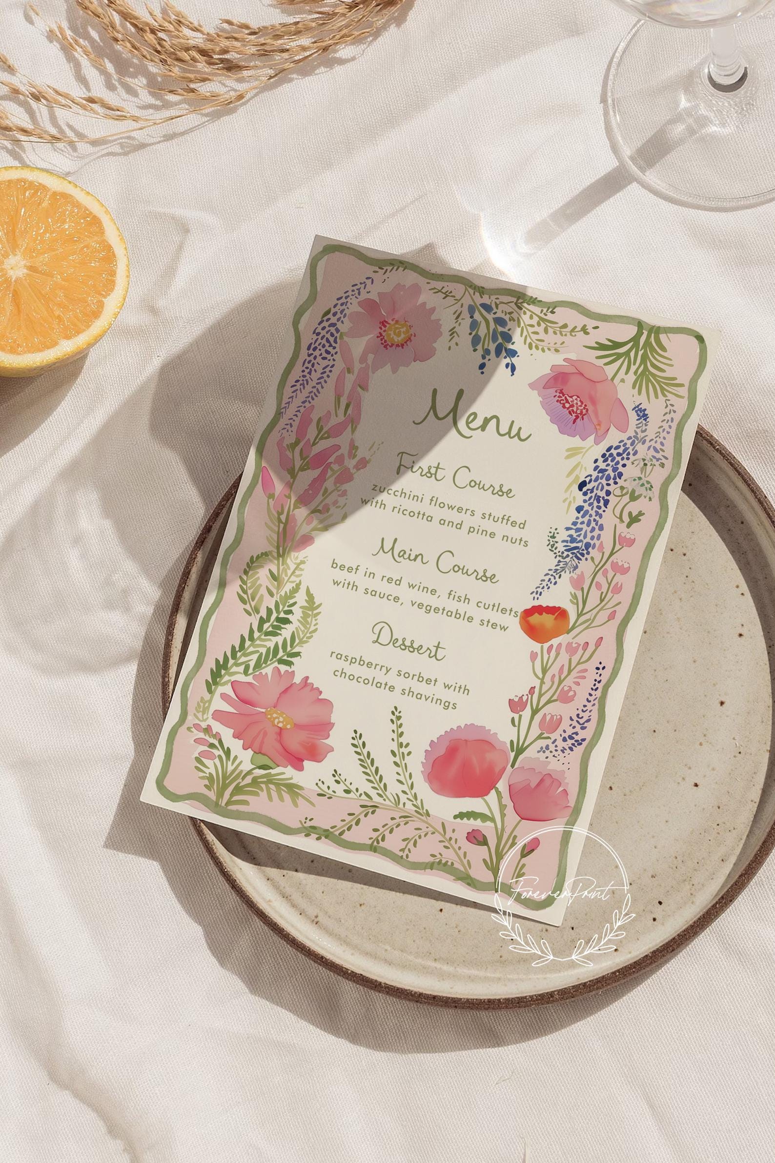 Pink Floral Menu Template, Hand Drawn, Printable Dinner Menu, Editable ...