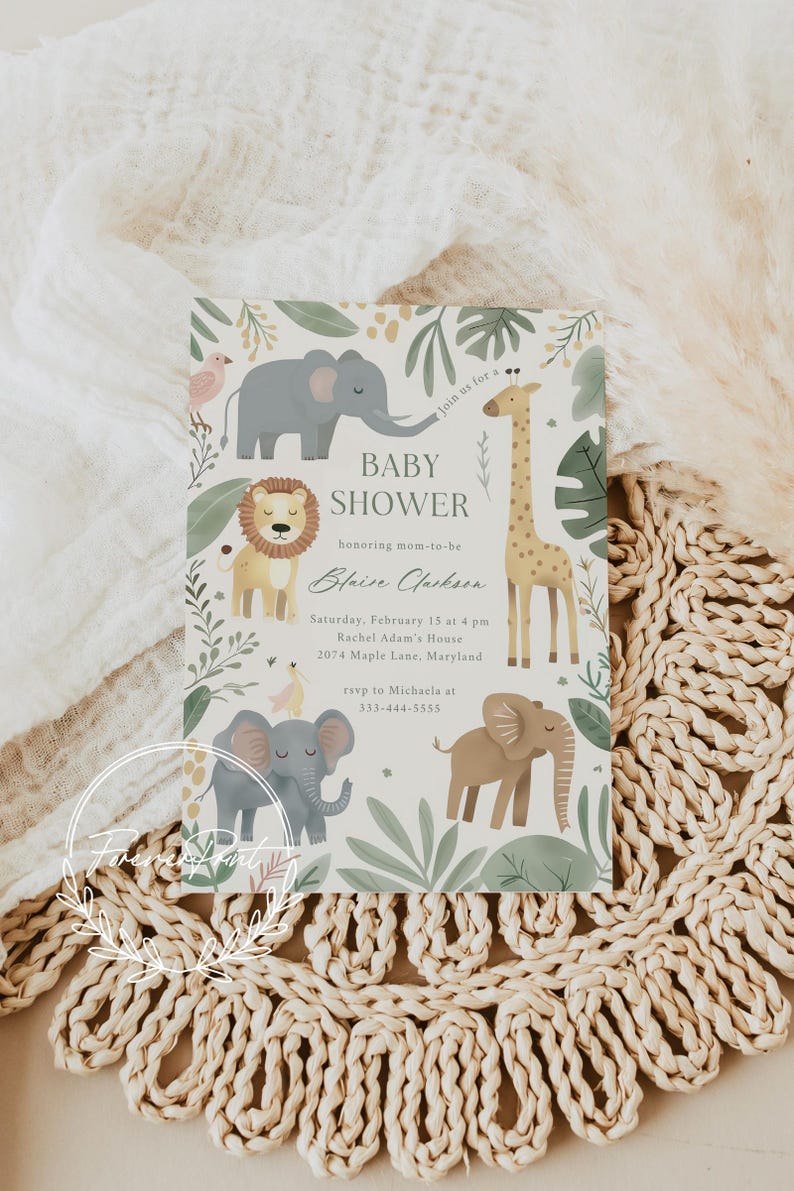 Safari Baby Shower Invitation Template, Jungle Animals Editable ...