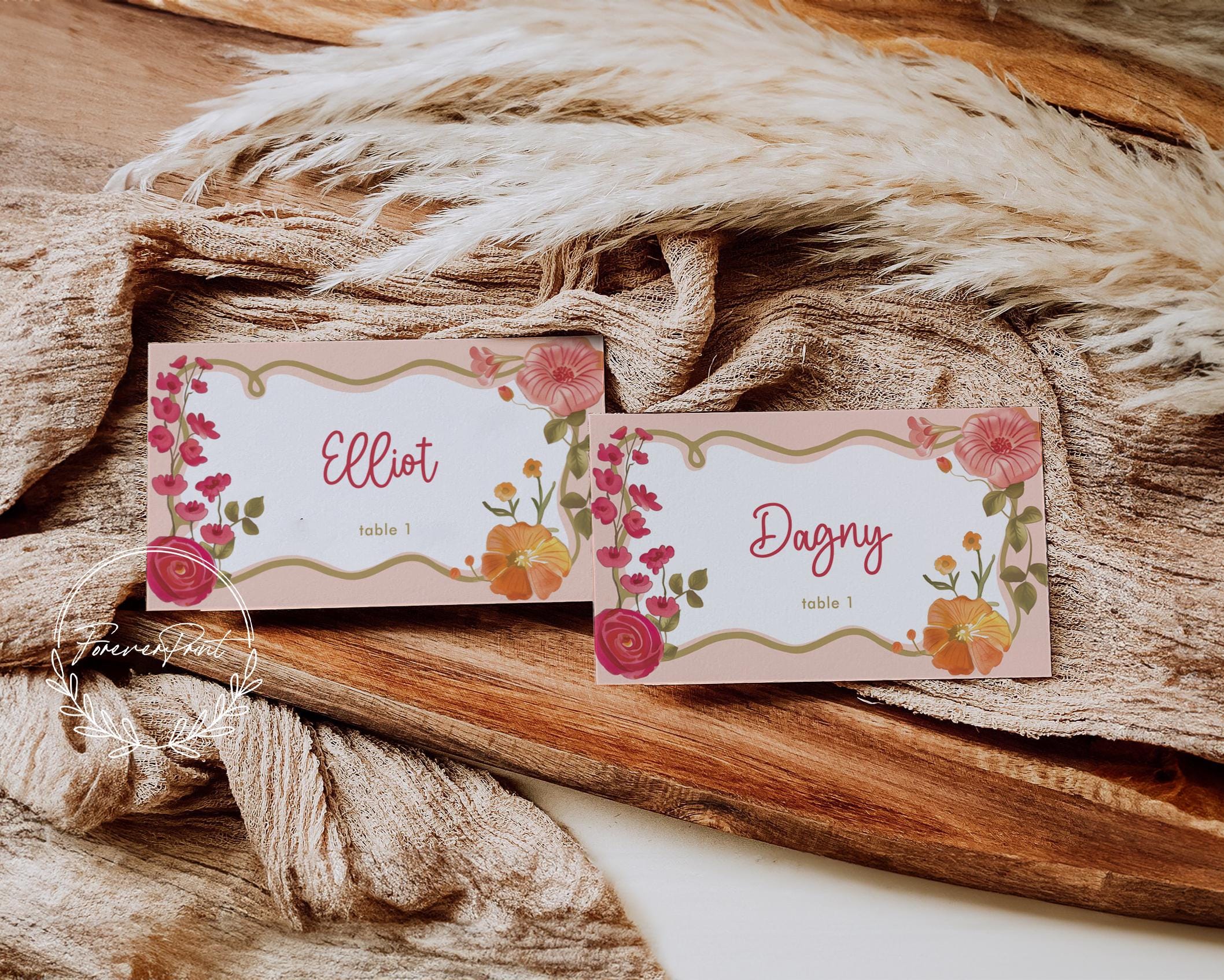 Pink Floral Place Cards Template, Printable Place Cards, Wedding Name ...