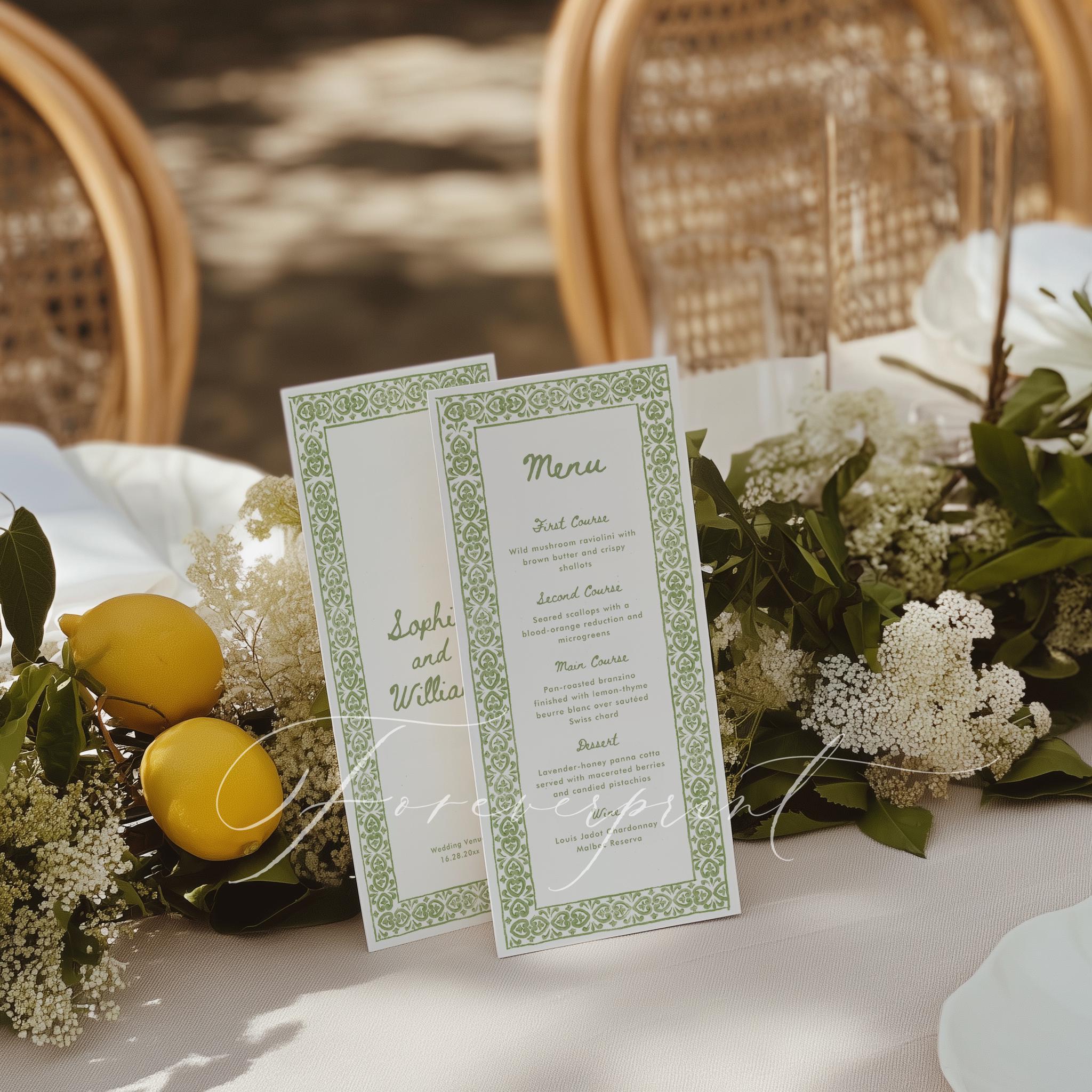 Green Watercolor Ornate Border Menu Template, Rustic Whimsical Wedding ...