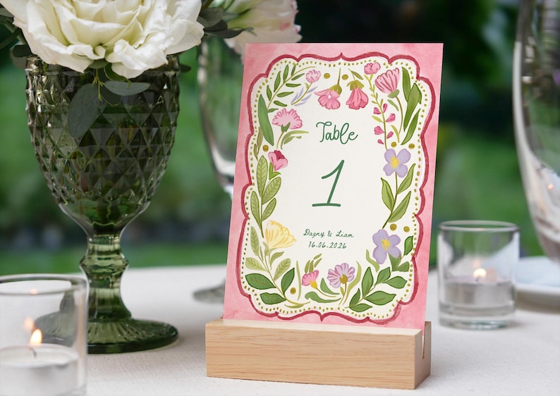 Pink Floral Table Number Template, Hand Drawn, Printable Table Number ...